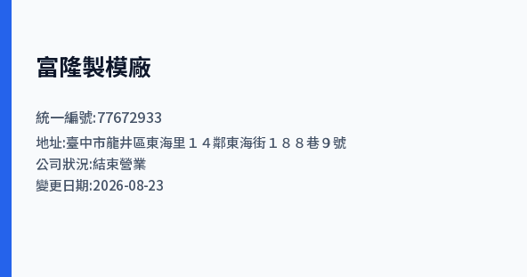 富隆製模廠的照片-統編 77672933(臺中市) 公司登記資料與營業項目詳細圖表