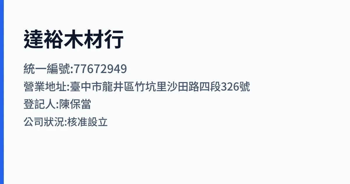 達裕木材行 - 統編 77672949(臺中市) 公司登記資料與營業項目詳細圖表
