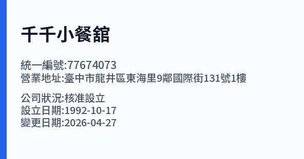 千千小餐舘的照片-統編 77674073(臺中市) 公司登記資料與營業項目詳細圖表