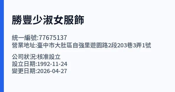 勝豐少淑女服飾的照片-統編 77675137(臺中市) 公司登記資料與營業項目詳細圖表