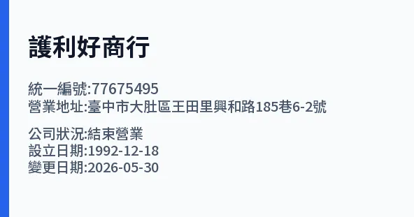 護利好商行的照片-統編 77675495(臺中市) 公司登記資料與營業項目詳細圖表