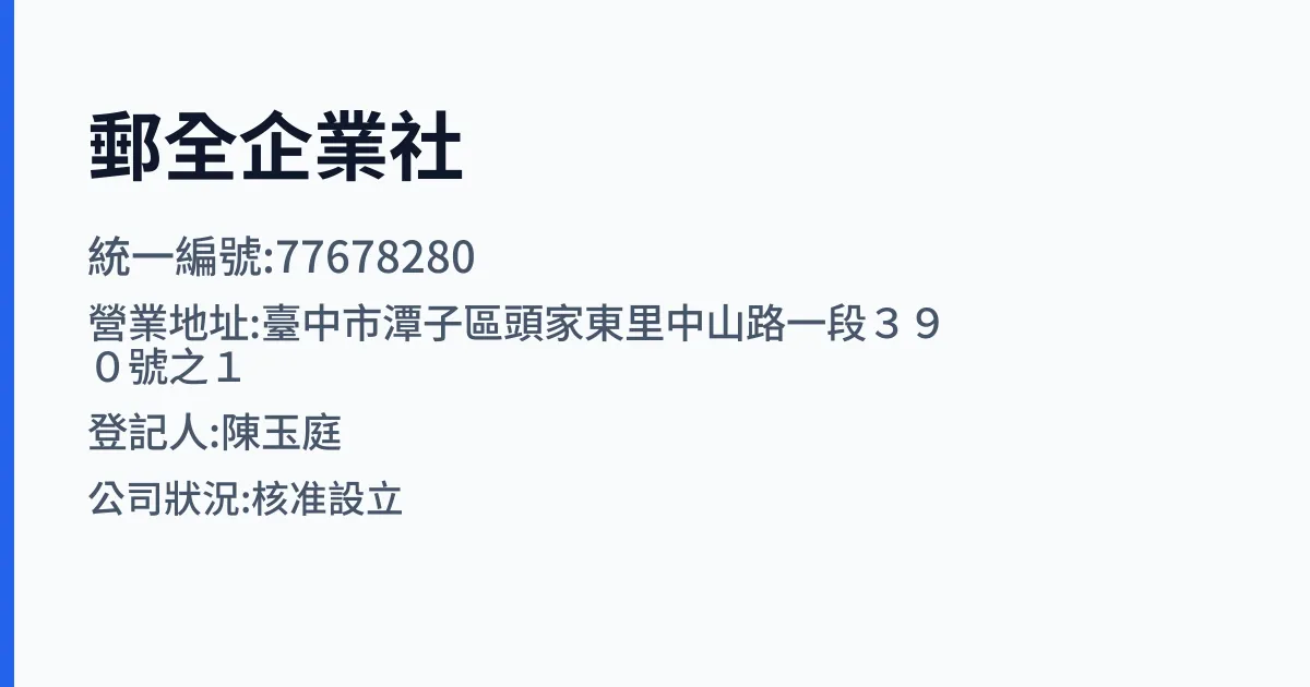 郵全企業社 - 統編 77678280(臺中市) 公司登記資料與營業項目詳細圖表