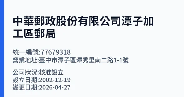 中華郵政股份有限公司潭子加工區郵局的照片-統編 77679318(臺中市) 公司登記資料與營業項目詳細圖表
