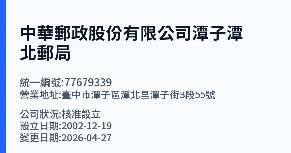中華郵政股份有限公司潭子潭北郵局的照片-統編 77679339(臺中市) 公司登記資料與營業項目詳細圖表