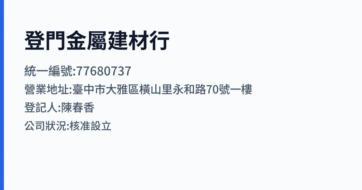 登門金屬建材行 - 統編 77680737(臺中市) 公司登記資料與營業項目詳細圖表