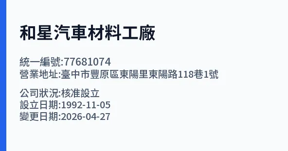 和星汽車材料工廠的照片-統編 77681074(臺中市) 公司登記資料與營業項目詳細圖表