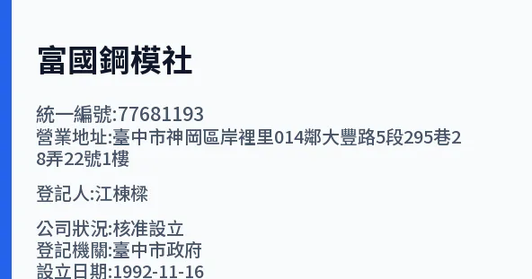 富國鋼模社的照片-統編 77681193(臺中市) 公司登記資料與營業項目詳細圖表