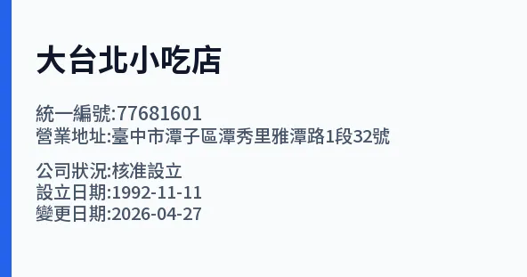大台北小吃店的照片-統編 77681601(臺中市) 公司登記資料與營業項目詳細圖表