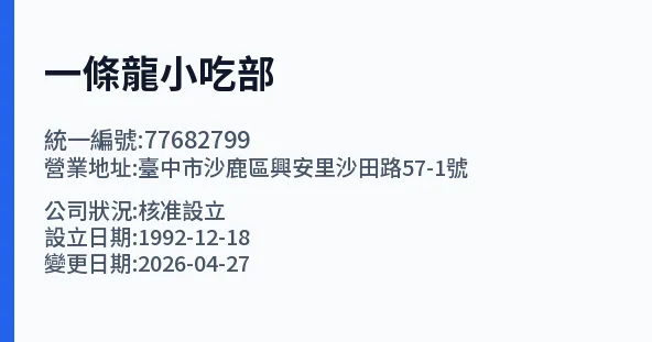 一條龍小吃部的照片-統編 77682799(臺中市) 公司登記資料與營業項目詳細圖表
