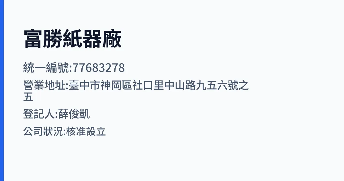富勝紙器廠 - 統編 77683278(臺中市) 公司登記資料與營業項目詳細圖表