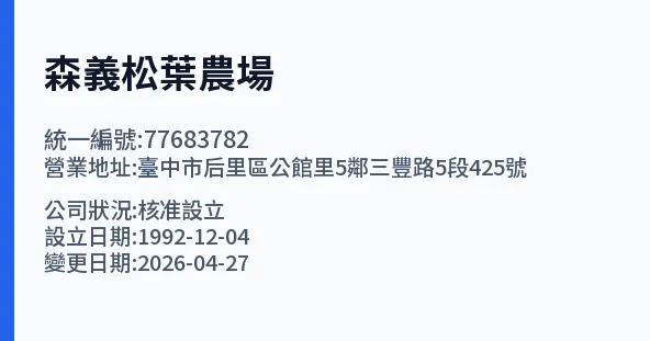 森義松葉農場的照片-統編 77683782(臺中市) 公司登記資料與營業項目詳細圖表