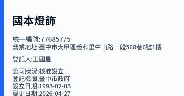 國本燈飾的照片-統編 77685775(臺中市) 公司登記資料與營業項目詳細圖表