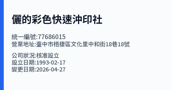 儷的彩色快速沖印社的照片-統編 77686015(臺中市) 公司登記資料與營業項目詳細圖表