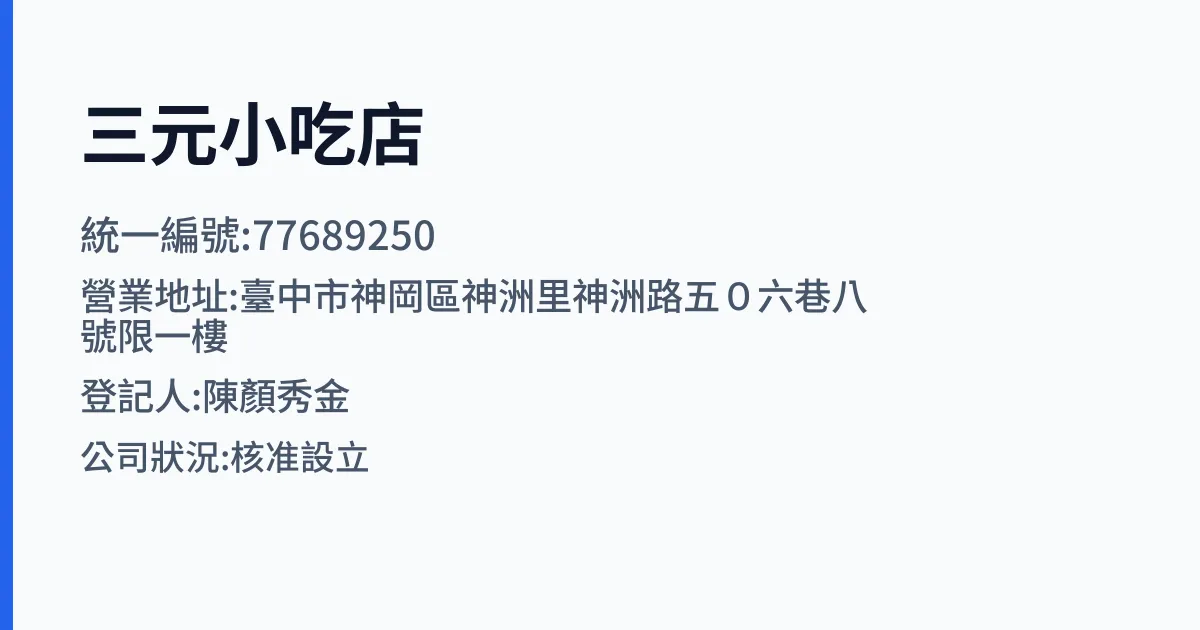 三元小吃店 - 統編 77689250(臺中市) 公司登記資料與營業項目詳細圖表