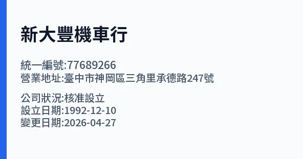 新大豐機車行的照片-統編 77689266(臺中市) 公司登記資料與營業項目詳細圖表
