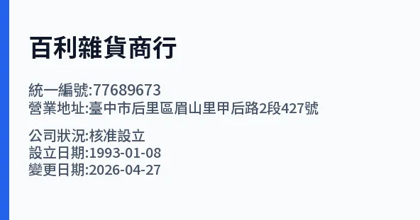 百利雜貨商行的照片-統編 77689673(臺中市) 公司登記資料與營業項目詳細圖表
