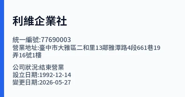 利維企業社的照片-統編 77690003(臺中市) 公司登記資料與營業項目詳細圖表