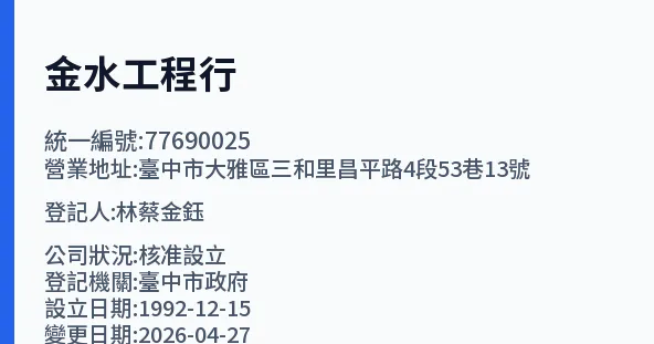 金水工程行的照片-統編 77690025(臺中市) 公司登記資料與營業項目詳細圖表