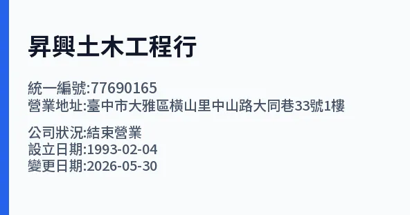 昇興土木工程行的照片-統編 77690165(臺中市) 公司登記資料與營業項目詳細圖表