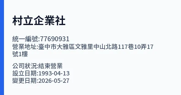村立企業社的照片-統編 77690931(臺中市) 公司登記資料與營業項目詳細圖表