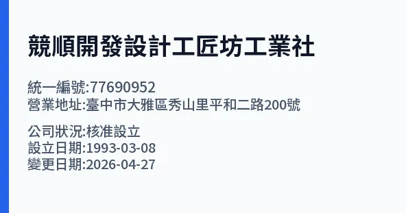 競順開發設計工匠坊工業社的照片-統編 77690952(臺中市) 公司登記資料與營業項目詳細圖表