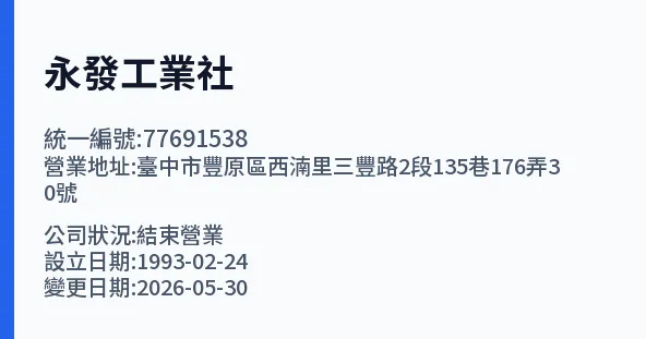 永發工業社的照片-統編 77691538(臺中市) 公司登記資料與營業項目詳細圖表