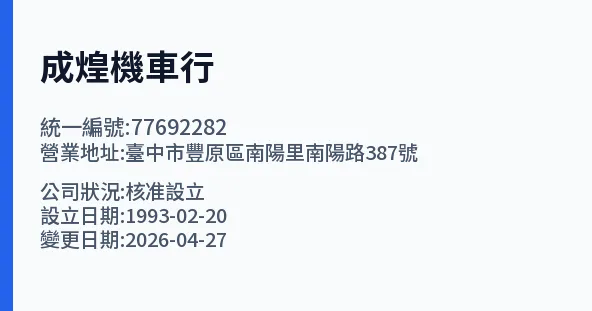 成煌機車行的照片-統編 77692282(臺中市) 公司登記資料與營業項目詳細圖表