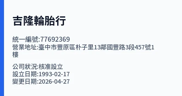 吉隆輪胎行的照片-統編 77692369(臺中市) 公司登記資料與營業項目詳細圖表