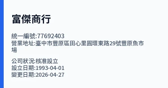 富傑商行的照片-統編 77692403(臺中市) 公司登記資料與營業項目詳細圖表