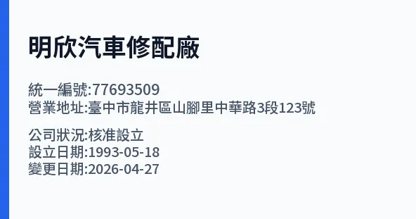 明欣汽車修配廠的照片-統編 77693509(臺中市) 公司登記資料與營業項目詳細圖表