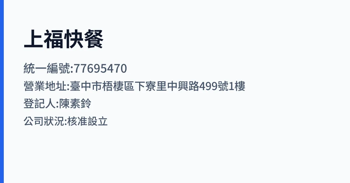 上福快餐 - 統編 77695470(臺中市) 公司登記資料與營業項目詳細圖表