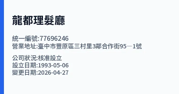 龍都理髮廳的照片-統編 77696246(臺中市) 公司登記資料與營業項目詳細圖表