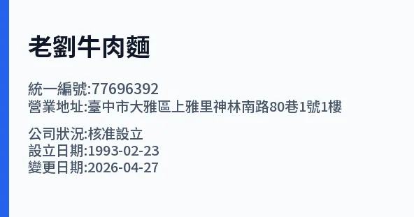 老劉牛肉麵的照片-統編 77696392(臺中市) 公司登記資料與營業項目詳細圖表