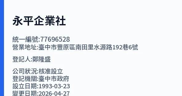 永平企業社的照片-統編 77696528(臺中市) 公司登記資料與營業項目詳細圖表