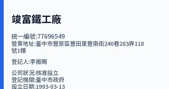 竣富鐵工廠的照片-統編 77696549(臺中市) 公司登記資料與營業項目詳細圖表