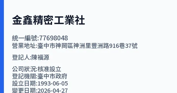 金鑫精密工業社的照片-統編 77698048(臺中市) 公司登記資料與營業項目詳細圖表