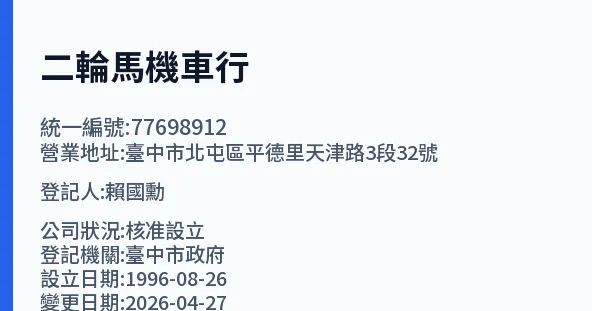 二輪馬機車行的照片-統編 77698912(臺中市) 公司登記資料與營業項目詳細圖表