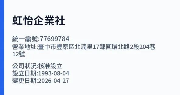 虹怡企業社的照片-統編 77699784(臺中市) 公司登記資料與營業項目詳細圖表