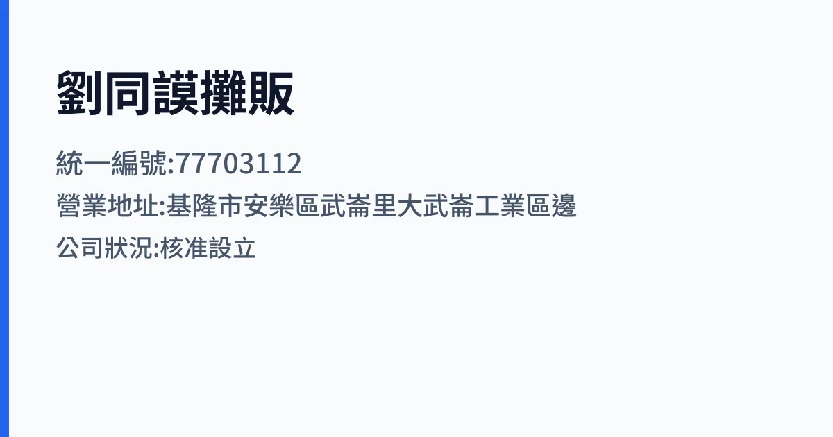 劉同謨攤販 - 統編 77703112(基隆市) 公司登記資料與營業項目詳細圖表