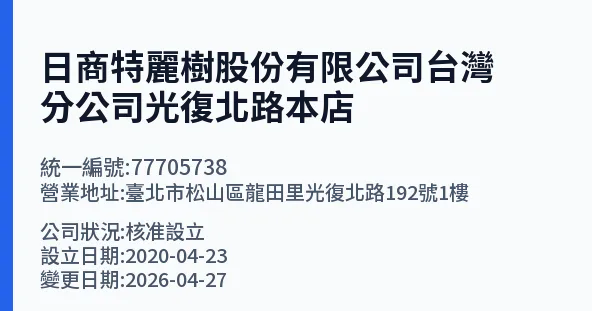 日商特麗樹股份有限公司台灣分公司光復北路本店的照片-統編 77705738(臺北市) 公司登記資料與營業項目詳細圖表