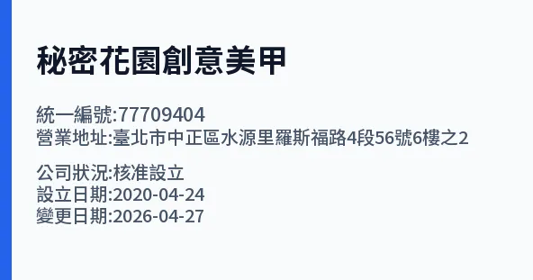 秘密花園創意美甲的照片-統編 77709404(臺北市) 公司登記資料與營業項目詳細圖表