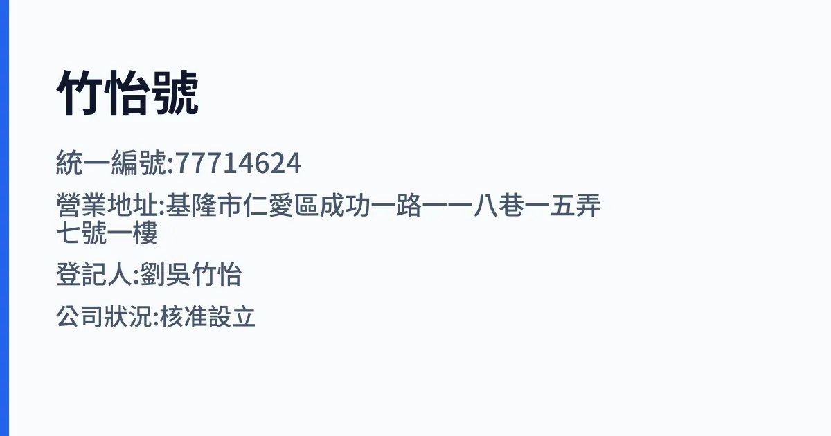 竹怡號 - 統編 77714624(基隆市) 公司登記資料與營業項目詳細圖表