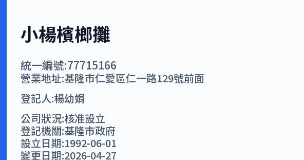 小楊檳榔攤的照片-統編 77715166(基隆市) 公司登記資料與營業項目詳細圖表