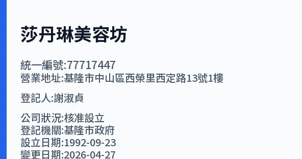 莎丹琳美容坊的照片-統編 77717447(基隆市) 公司登記資料與營業項目詳細圖表