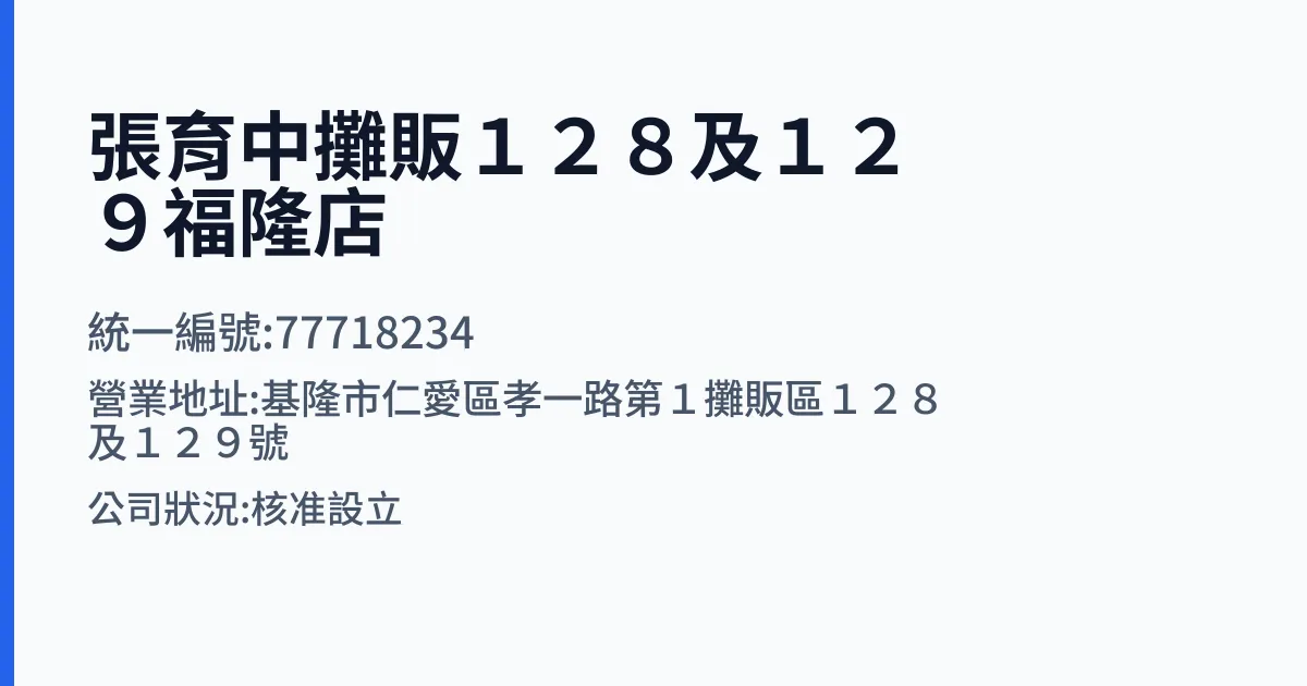 張育中攤販１２８及１２９福隆店 - 統編 77718234(基隆市) 公司登記資料與營業項目詳細圖表