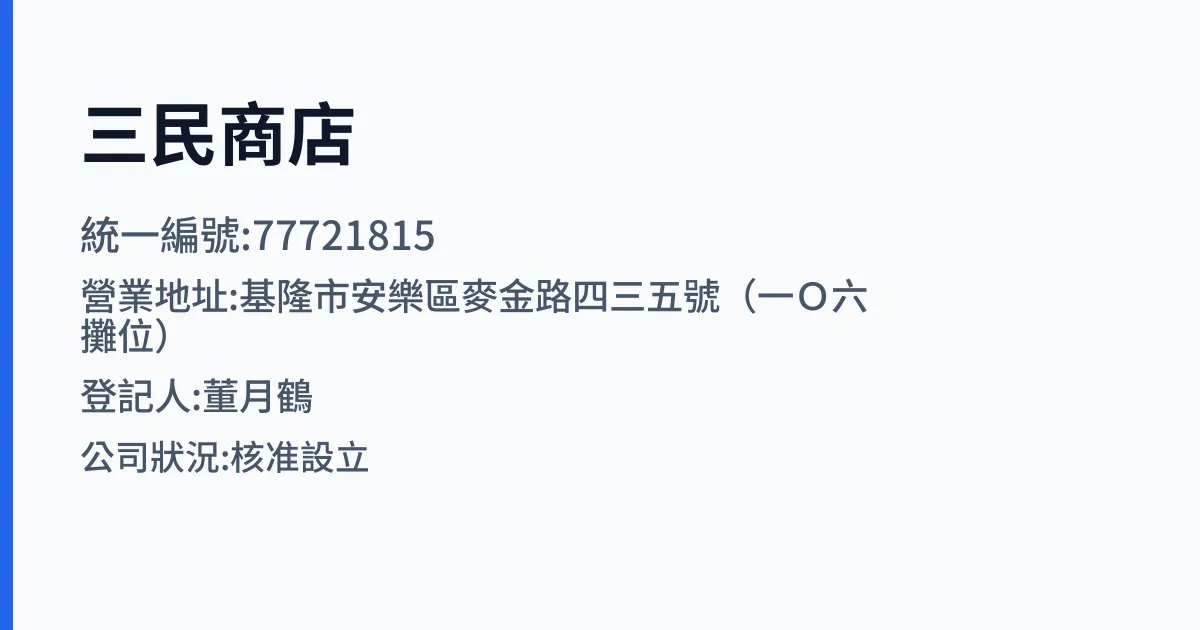 三民商店 - 統編 77721815(基隆市) 公司登記資料與營業項目詳細圖表