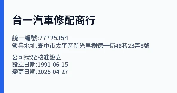 台一汽車修配商行的照片-統編 77725354(臺中市) 公司登記資料與營業項目詳細圖表