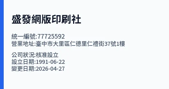 盛發網版印刷社的照片-統編 77725592(臺中市) 公司登記資料與營業項目詳細圖表