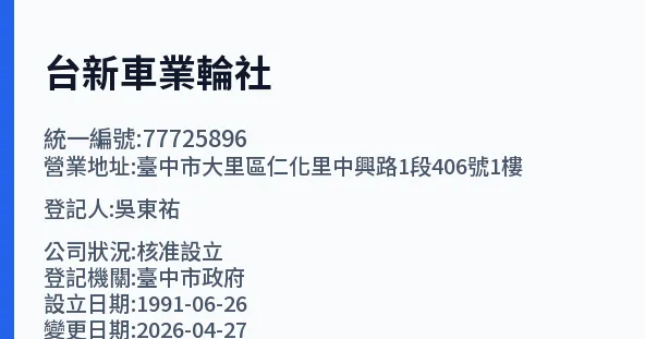 台新車業輪社的照片-統編 77725896(臺中市) 公司登記資料與營業項目詳細圖表