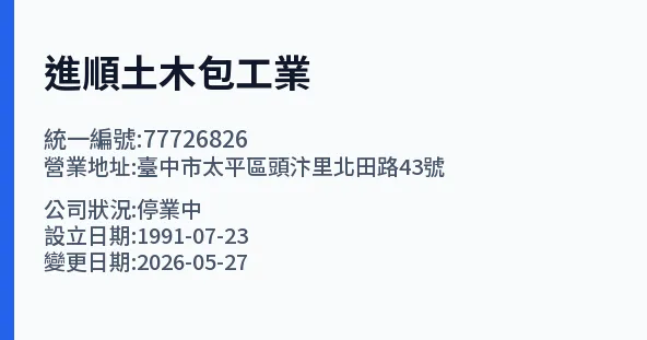 進順土木包工業的照片-統編 77726826(臺中市) 公司登記資料與營業項目詳細圖表